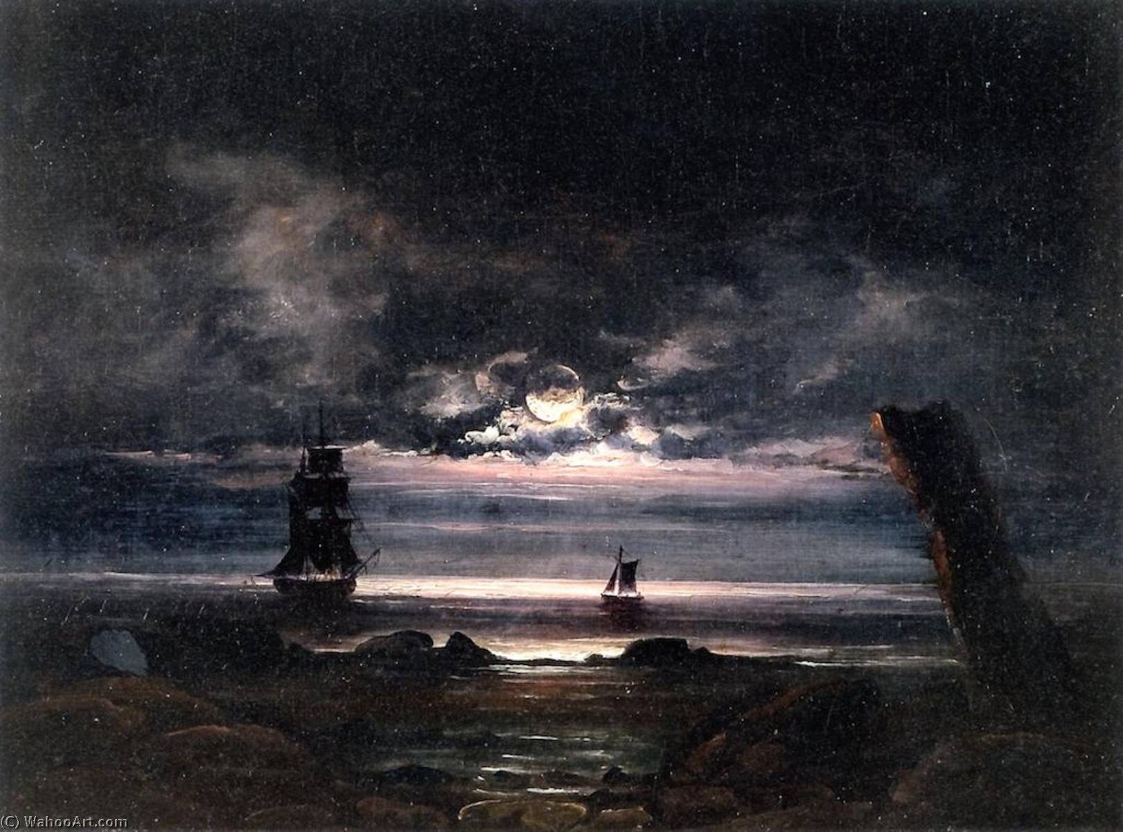 Museum Art Reproductions Moonlight on the Coast at Steigen, 1842 by ...