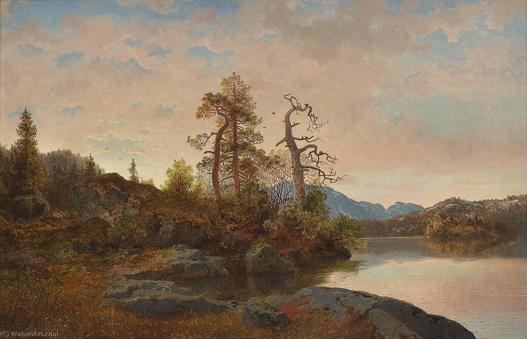 Art Reproductions Forest Landscape with Lake, 1849 by Hans Fredrik Gude ...