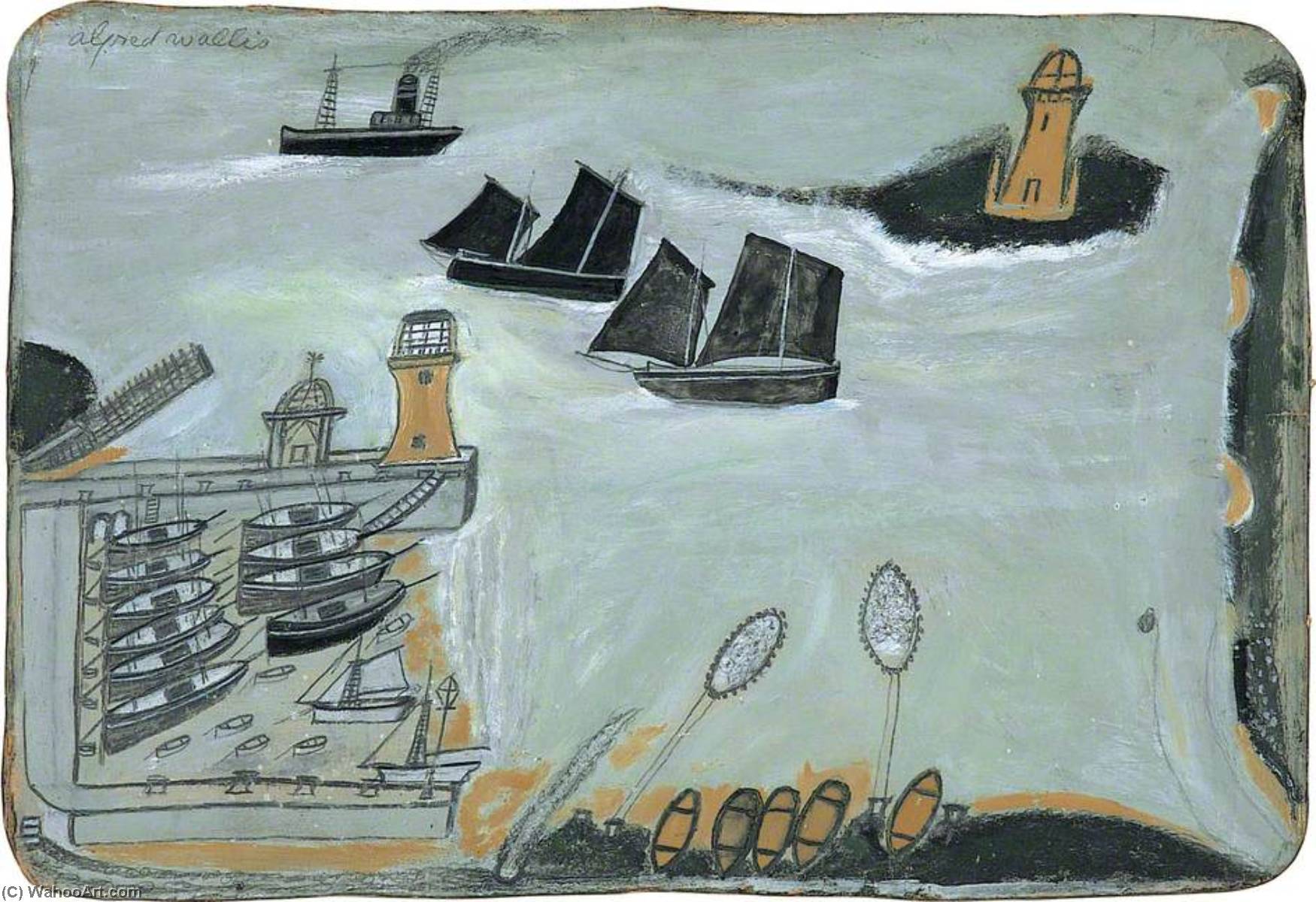 Get Art Reproductions Three ships and lighthouse (verso), 1938 by Alfred Wallis (1855-1942 ...